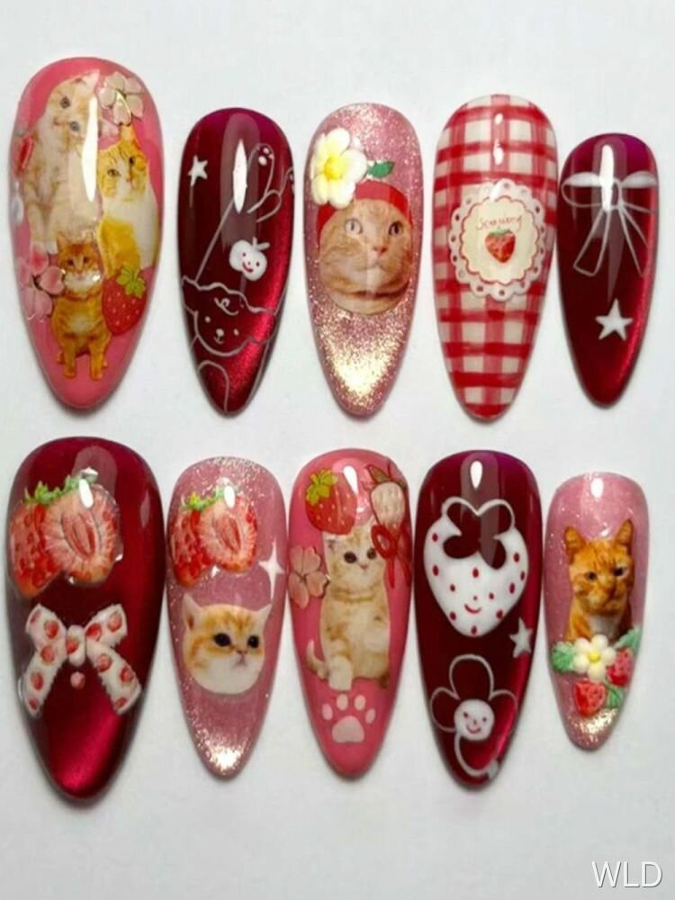Маникюрные наклейки WLD с кошками и клубникой, 24 шт, для дома, для подарка, для красивого маникюра