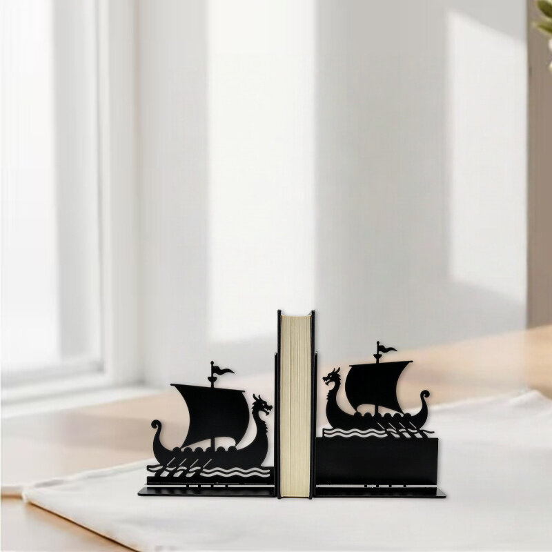 Пара настольных металлических книгодержателей в скандинавском морском стиле с силуэтом корабля викингов, черного цвета, размером 9,84 дюйма, для дома и офиса