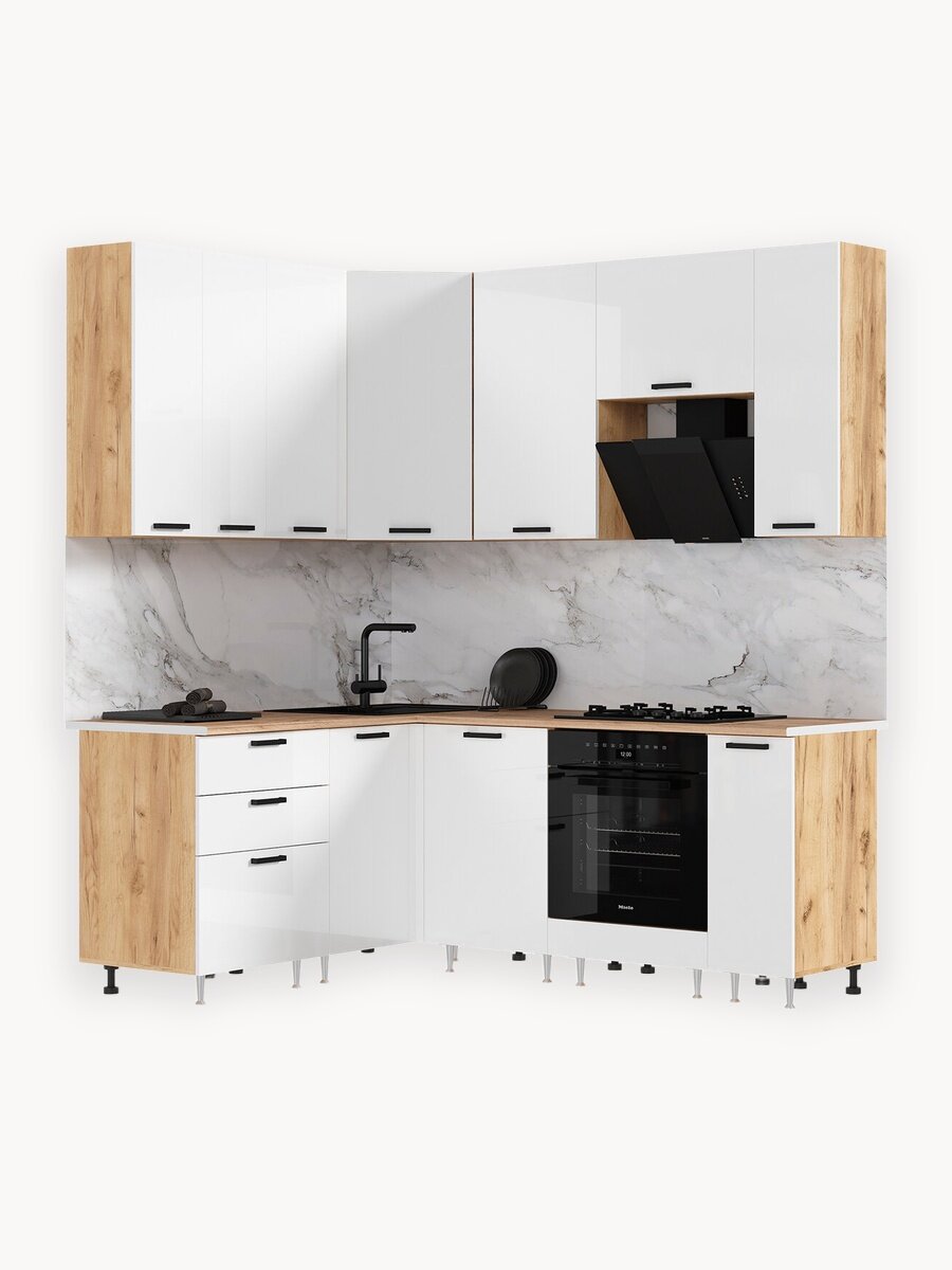 Кухонный гарнитур угловой Нонтон Рио New, 160x200 см, дуб крафт / белый глянец / дуб вотан