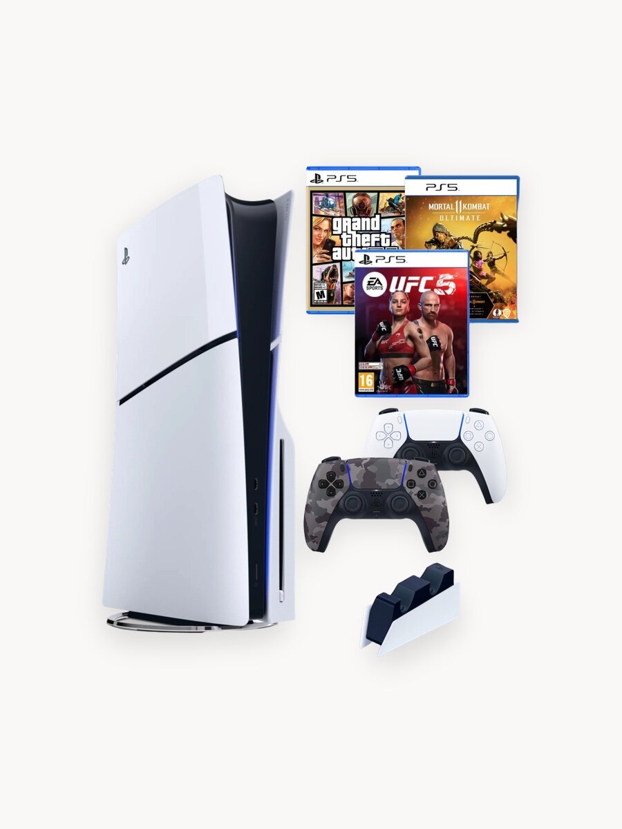 Игровая приставка Sony PlayStation 5 Slim, 1ТБ(с дисководом), 2й черный + GTA5+UFC+Mortal Combat11