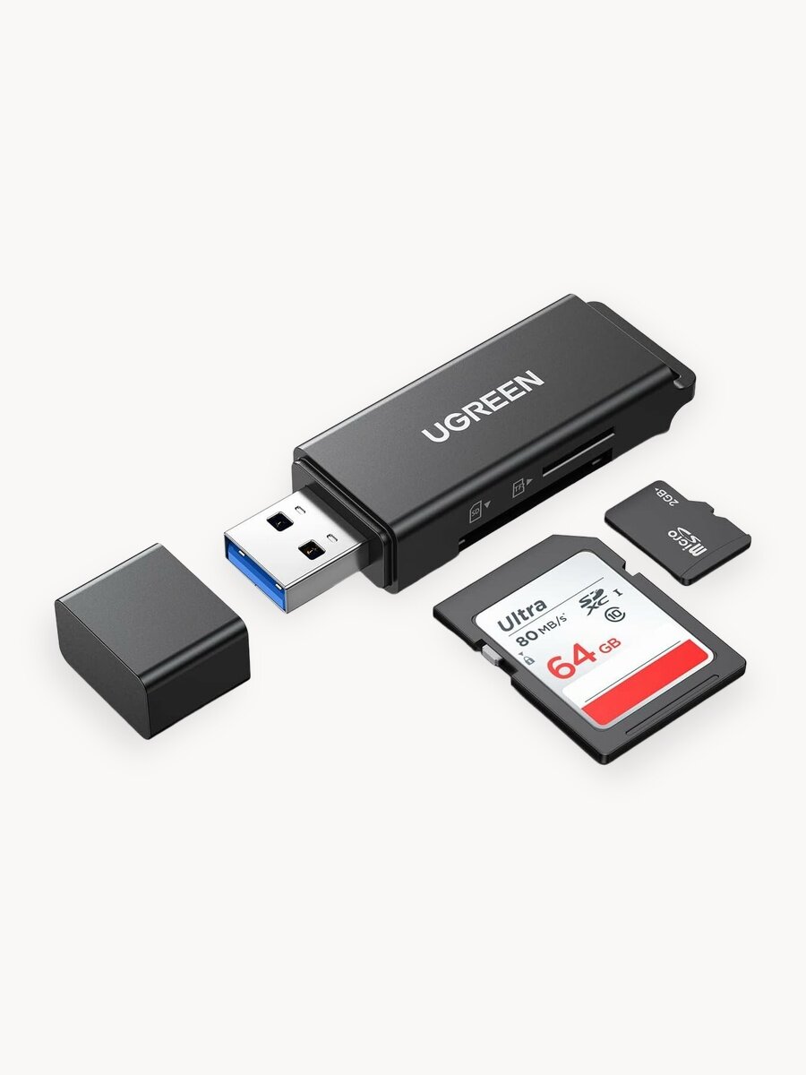 Картридер TF + SD UGREEN CM104 / USB 3.0 / Скорость 95 МБ/с / цвет черный (40752)