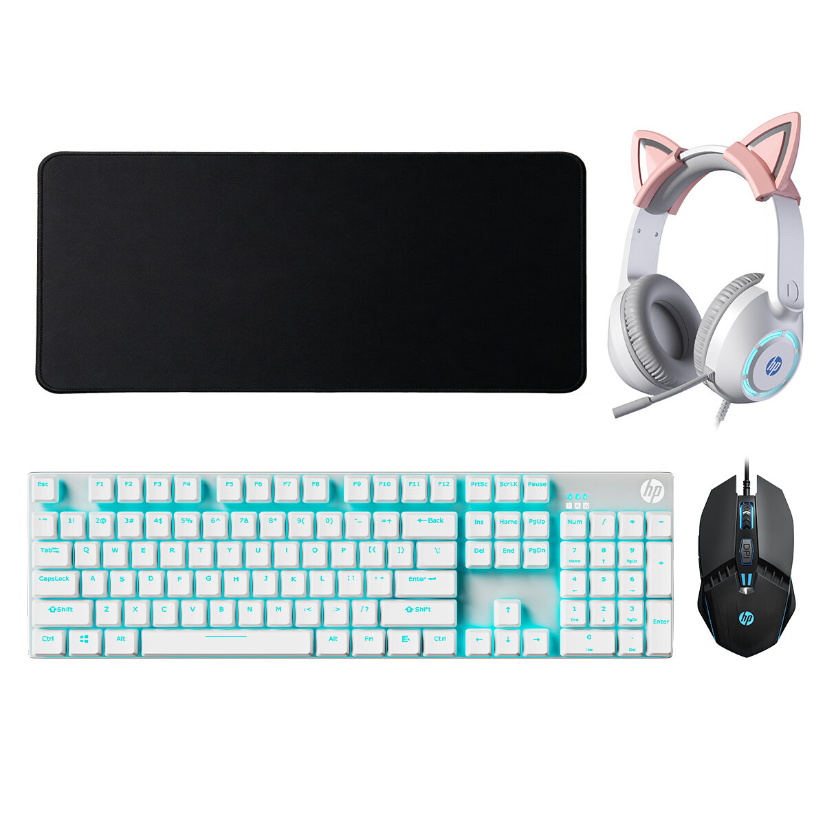 Клавиатура-мышь набор HP HUIPU GK400F, Couple Esports Set, Mechanical Gaming Keyboard+Esports Gaming Mouse+Pink Cat Ear Gaming Headphones, multicolor
