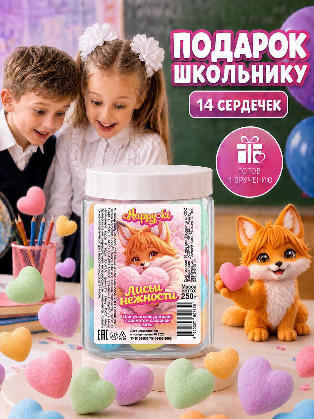 Бомбочки для ванны детские, Подарочный детский набор из 14 шт разноцветных сердец в индивидуальной упаковке, банка 250г. морская соль, ароматизированные, гипоаллергенные, гейзер-соль, уход за кожей