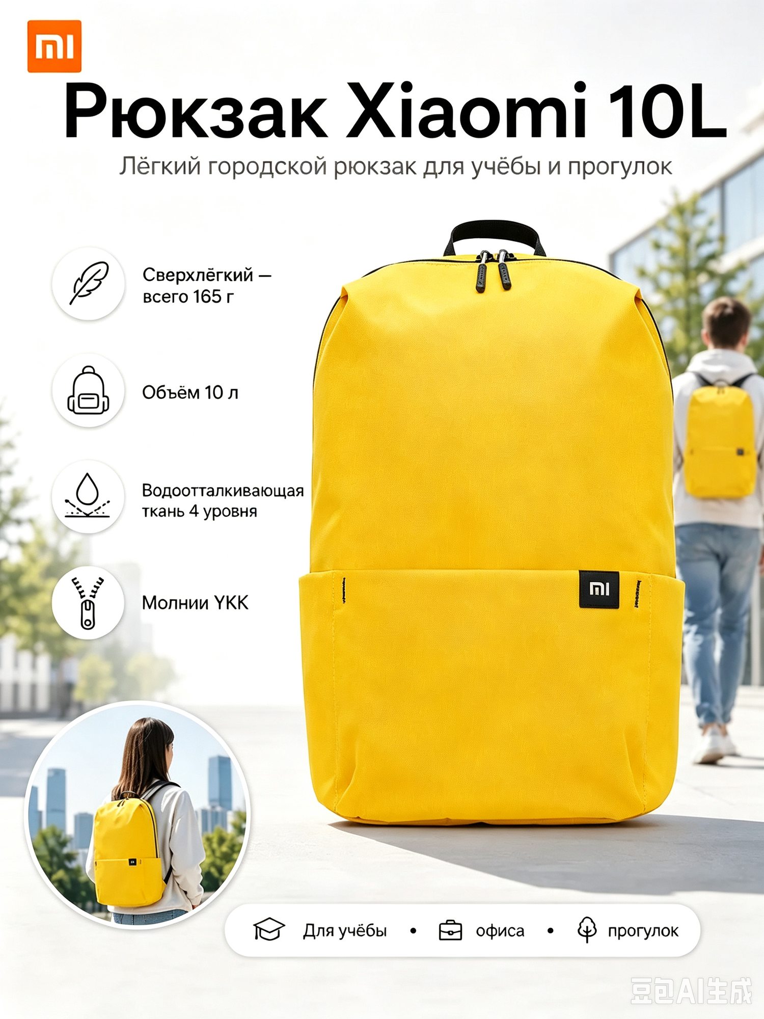Жёлтый водоотталкивающий рюкзак Xiaomi Casual Daypack 10 литров для города учёбы и повседневных прогулок