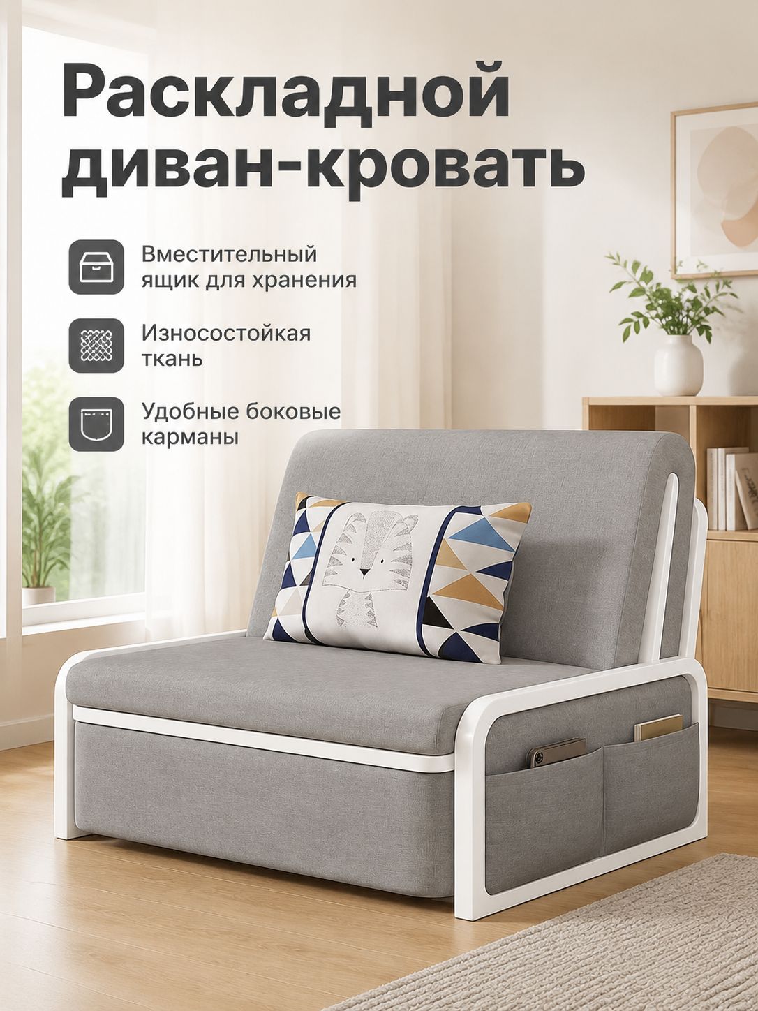 Раскладной диван-кровать односпальный, 100 см, с ящиком для хранения, каркас белый, обивка светло-серая, 7 см