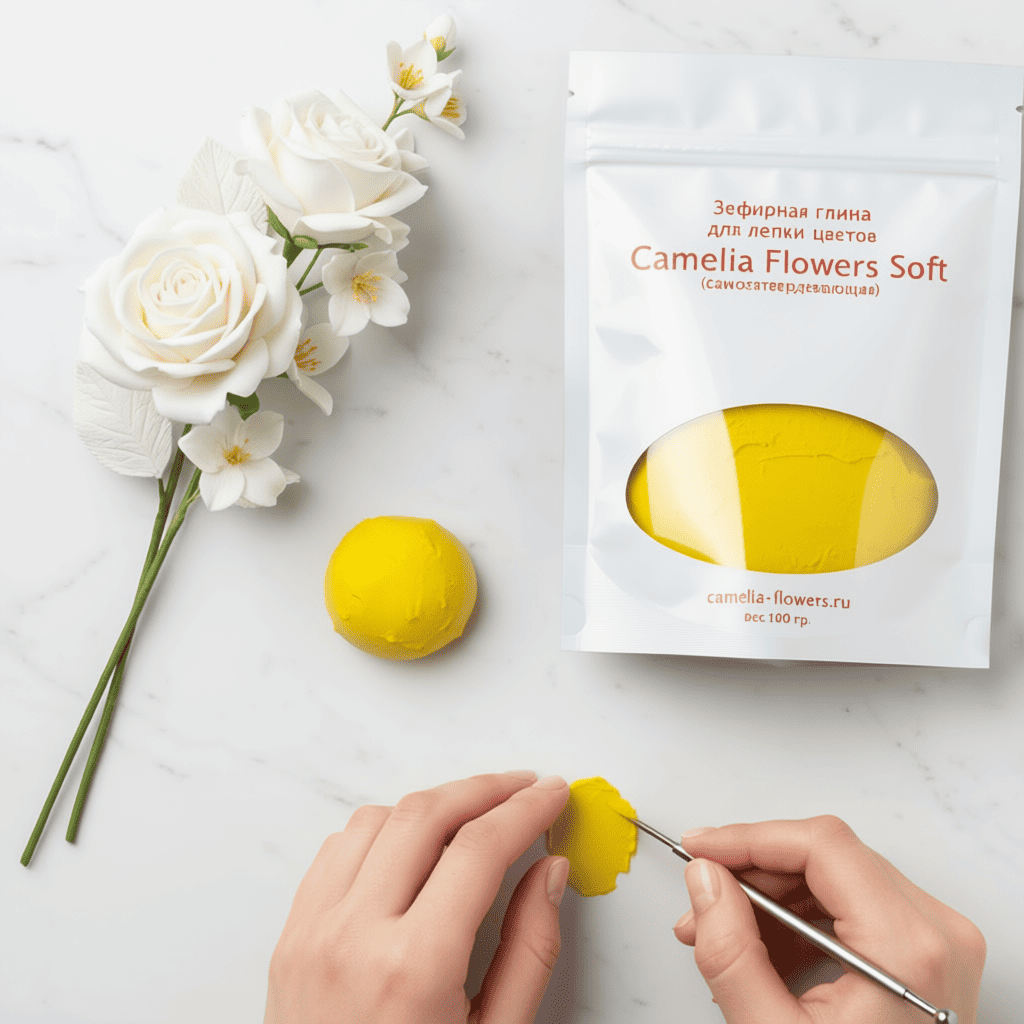 Зефирная глина для лепки цветов Camelia Flowers Soft, полимерная самозатвердевающая, жёлтая, 100 гр.