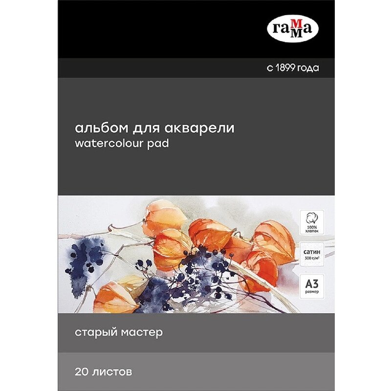 Альбом д/акв,20л/уп, А3, склейка с 4ст. Гамма Старый Мастер, 300г/м2, хлопок