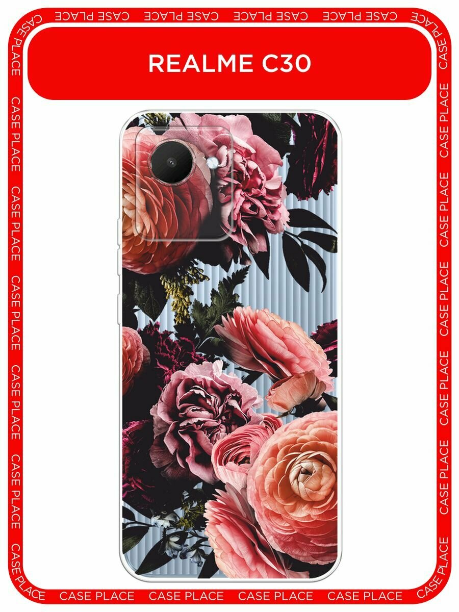 Чехол на Realme C30 / Реалми C30 с принтом "Бордовые винтажные цветы", прозрачный