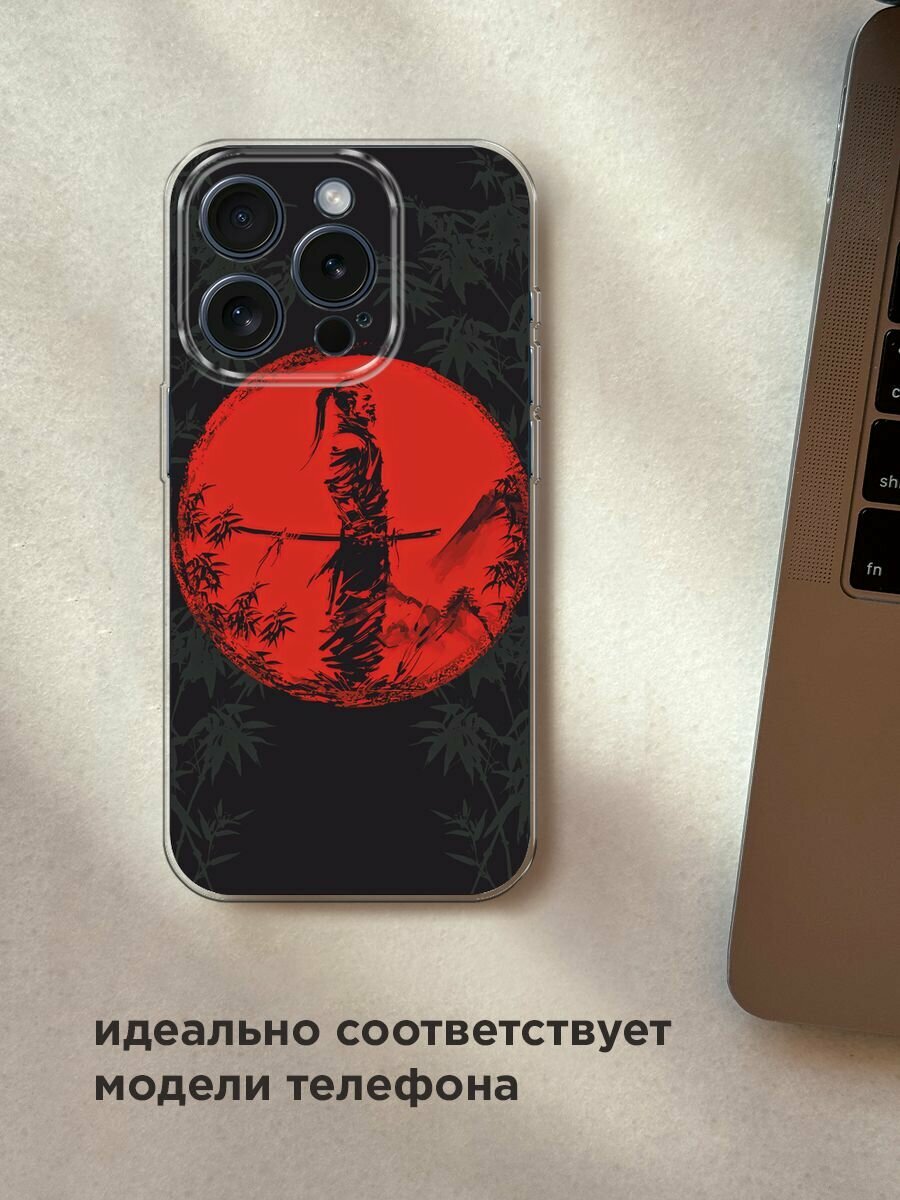Чехол на Apple iPhone 15 Pro / Айфон 15 Про с принтом "Самурай на красном фоне" — фото 1