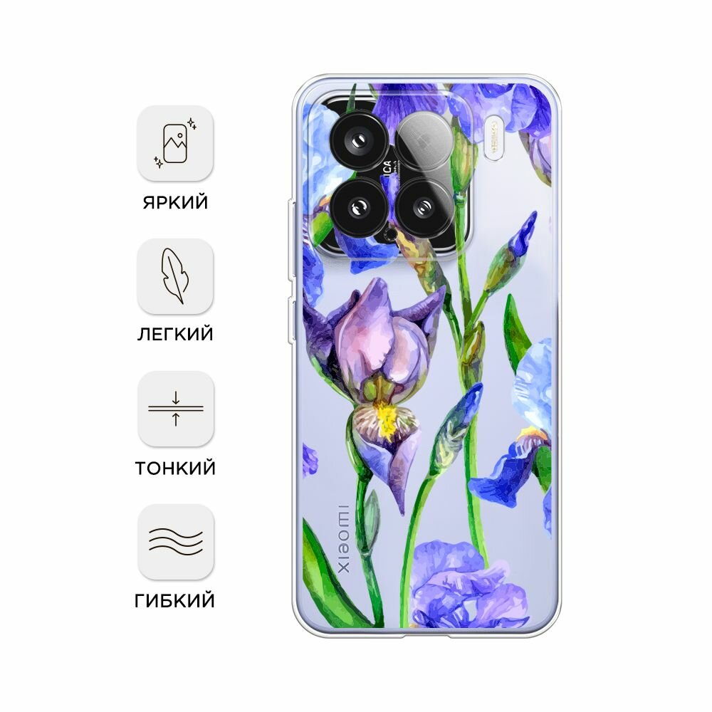 Чехол на Xiaomi 15 / Сяоми 15 с принтом "Синие ирисы", прозрачный — фото 1