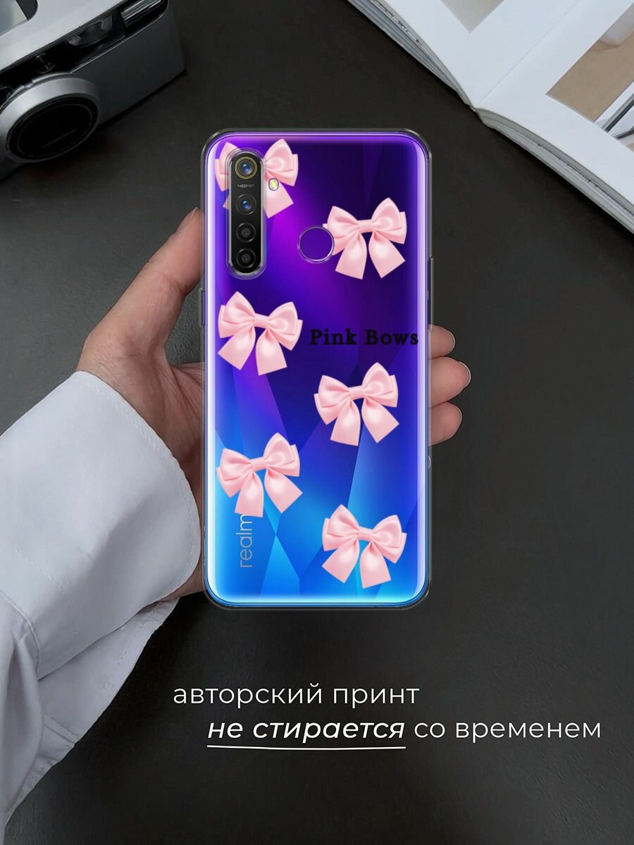 Чехол на Realme 5 Pro / Реалми 5 Про с принтом "Pink Bows", прозрачный — фото 1