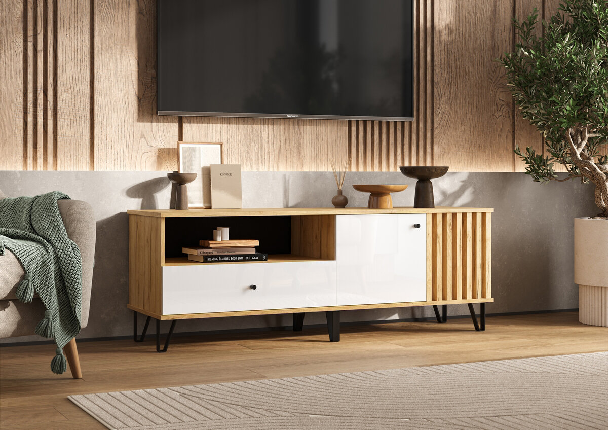 Роджинамиф Тумба ТВ (1500) (Белый глянец, Дуб Крафт)