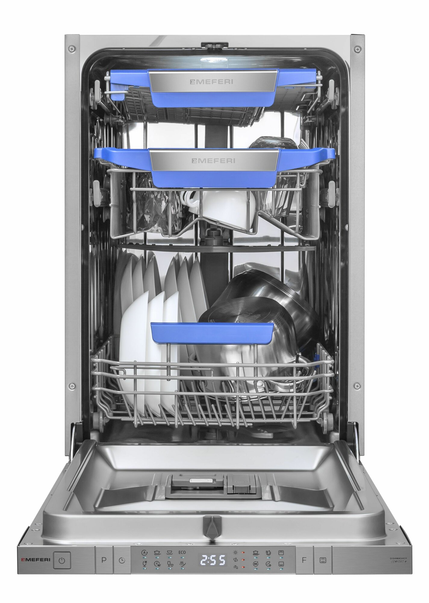 Посудомоечная машина узкая встраиваемая с инвертором MEFERI MDW4583 COMFORT PLUS 45см, на 10 комплектов, 3 корзины, автооткрывание дверцы, аквастоп, луч на полу, подсветка, половинная загрузка