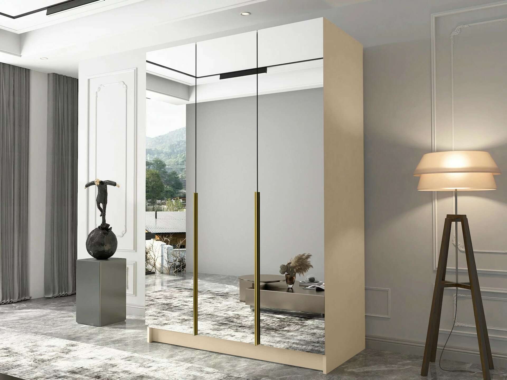 Трехсекционный шкаф Элли с 3 зеркалами (ручки золото) Бежевый 2077 PE NEW 150*45*260 см Фиеста