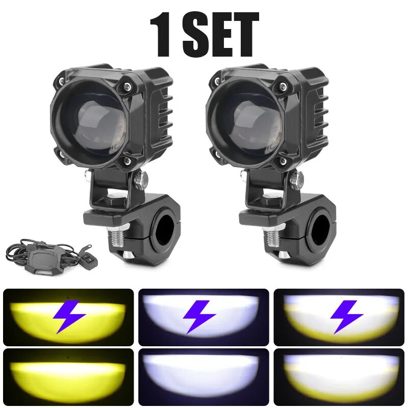 Противотуманные фары для мотоцикла, светодиодные вспомогательные фары дальнего света, прожекторы для мотоциклов, проводной переключатель, двухцветные светодиодные фонари для мотоциклов 12 В 24 В