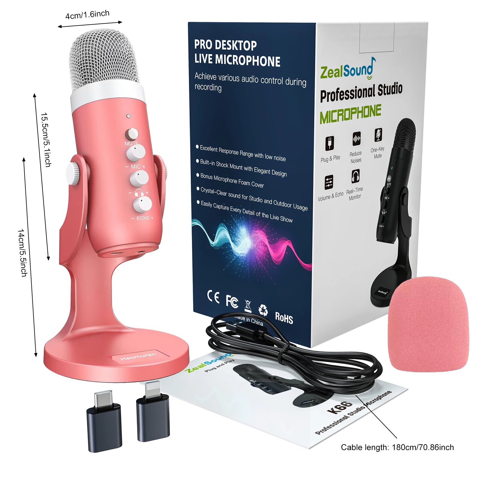 ZealSound K66 USB микрофон для стримов, розовый, с адаптером