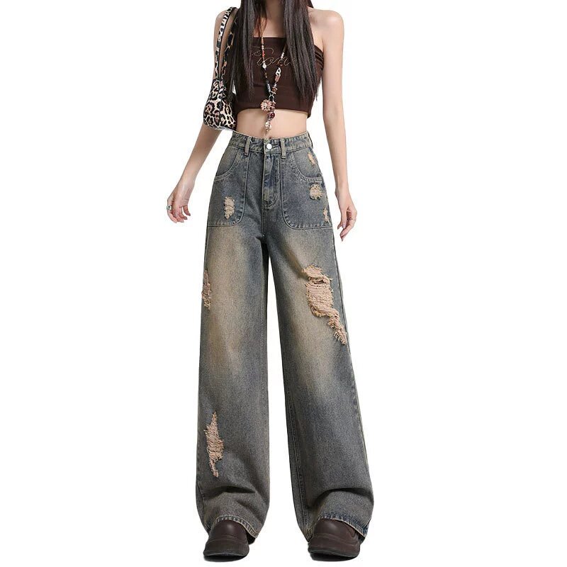 Женские джинсы LI Mall Осенние необычные дизайнерские — высокоходные прямые широкие модницы рваные штаны, Размер_