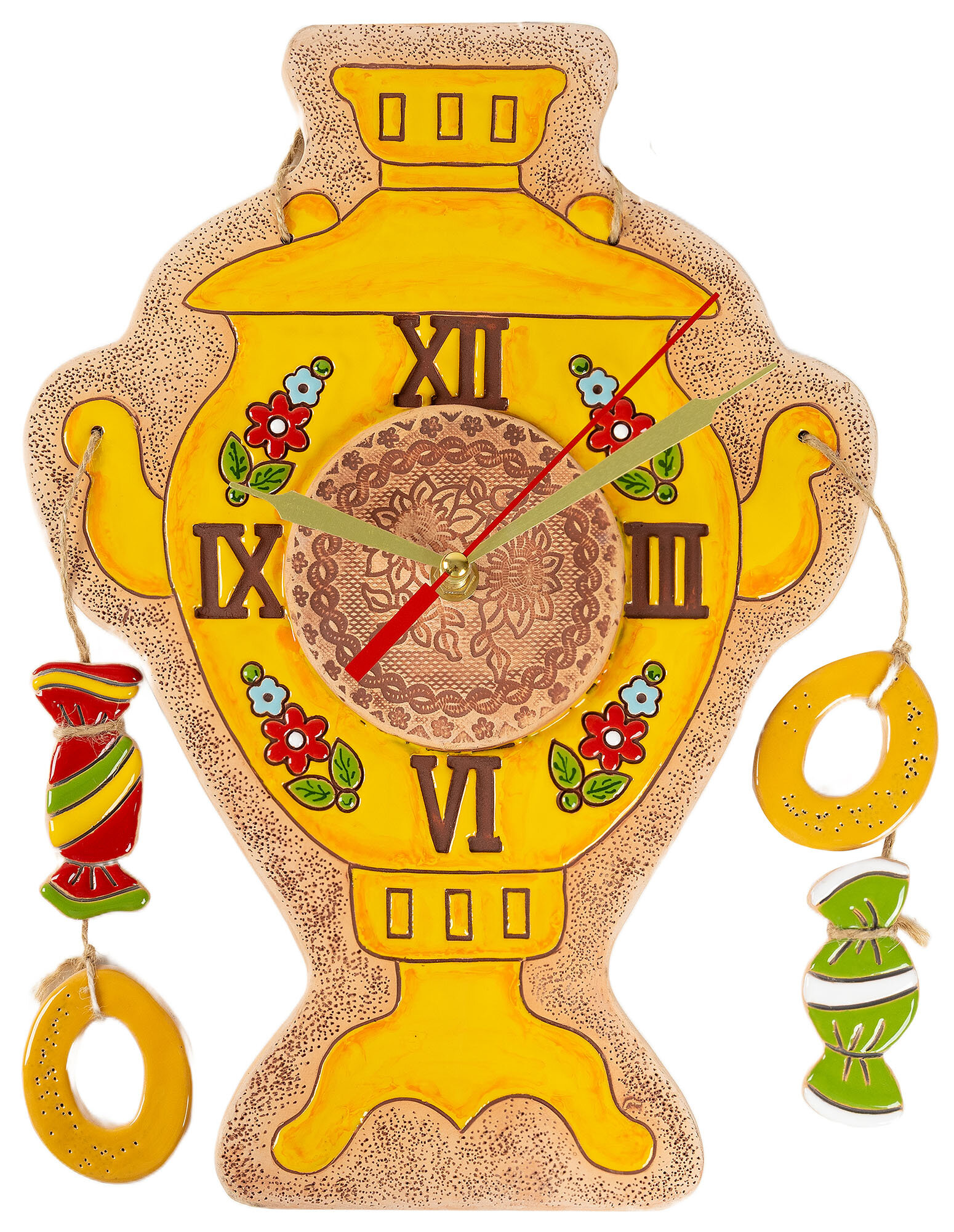 Часы настенные керамические ручной работы Самовар с баранками и конфетами (КМА-ЧС-04)