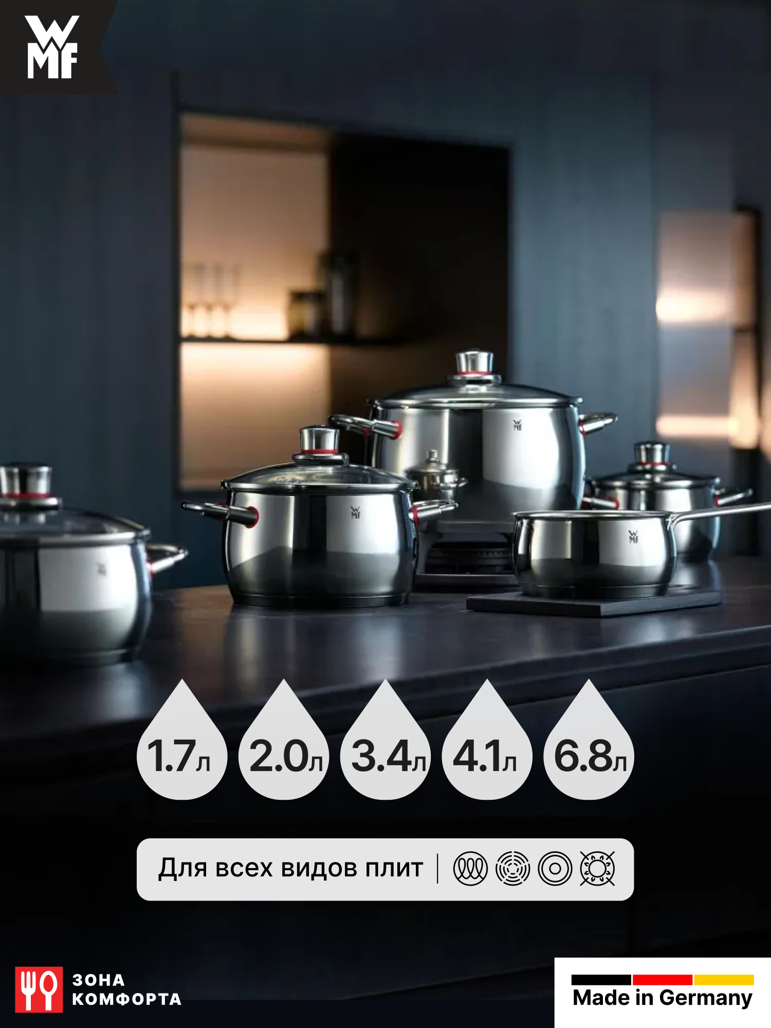 Набор кастрюль WMF Quality One 5 предметов, с крышками, для всех типов плит, 0774556380