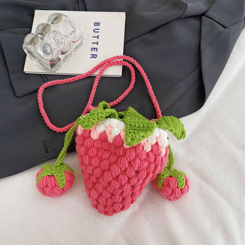 Милый плюшевый вязаный кошелек клубника для детей универсальный модный осенний стиль розовый