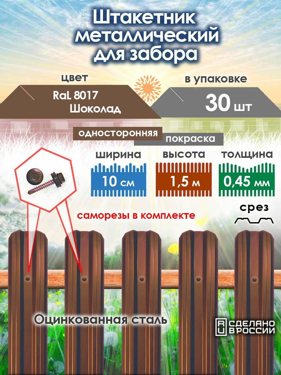 Металлический штакетник М-образный 1,5 м, 30 шт, RAL 8017