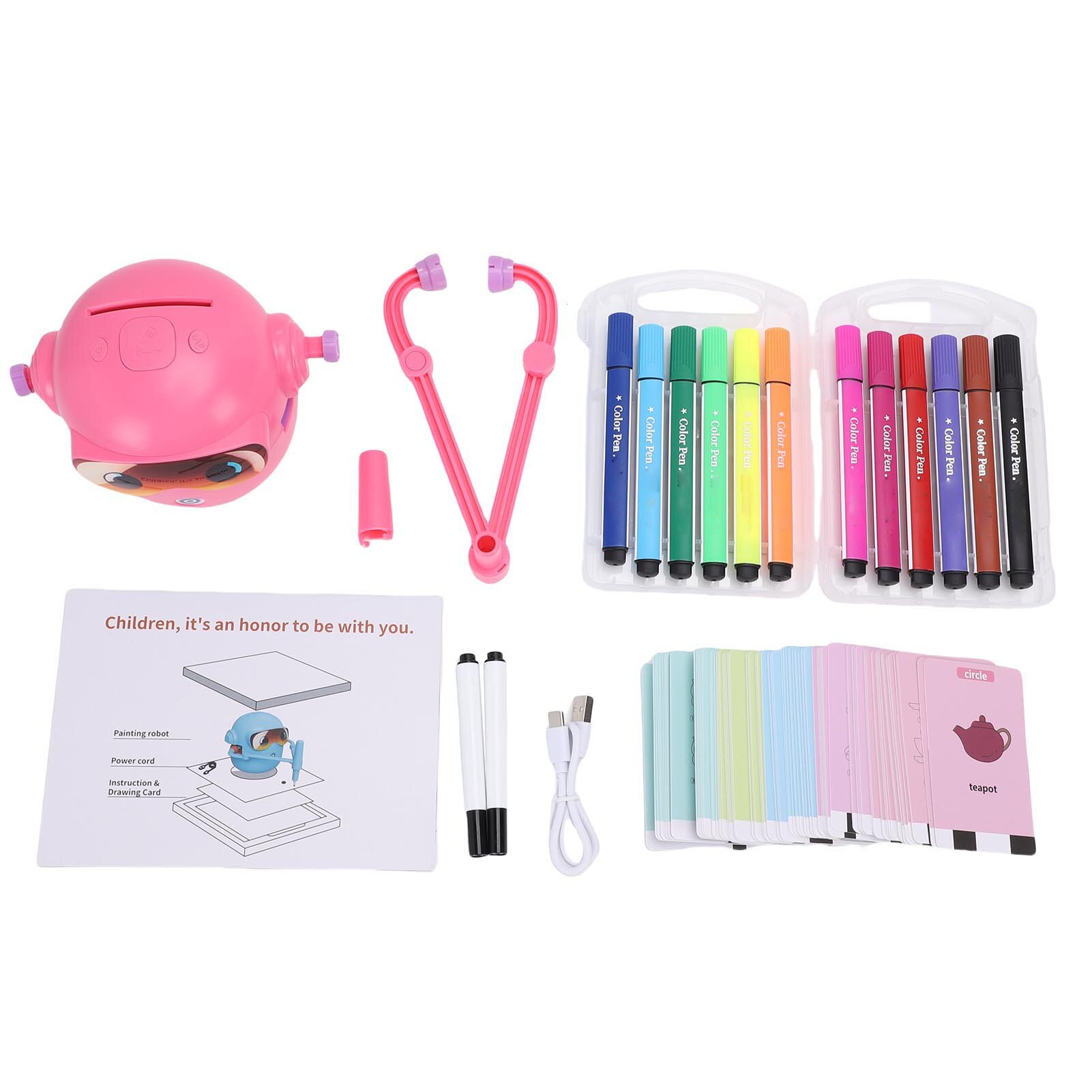 Smart Automatic Drawing Robot Toy Fun Music Educational Drawing Machine with 100 Cards 14 Colorful Pens Pink