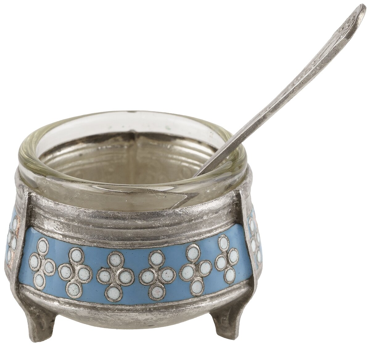 Солонка с ложечкой, мельхиор, стекло, эмаль, Мстерская художественная фабрика "Ювелир", СССР, 1970-е гг. (с нюансом)