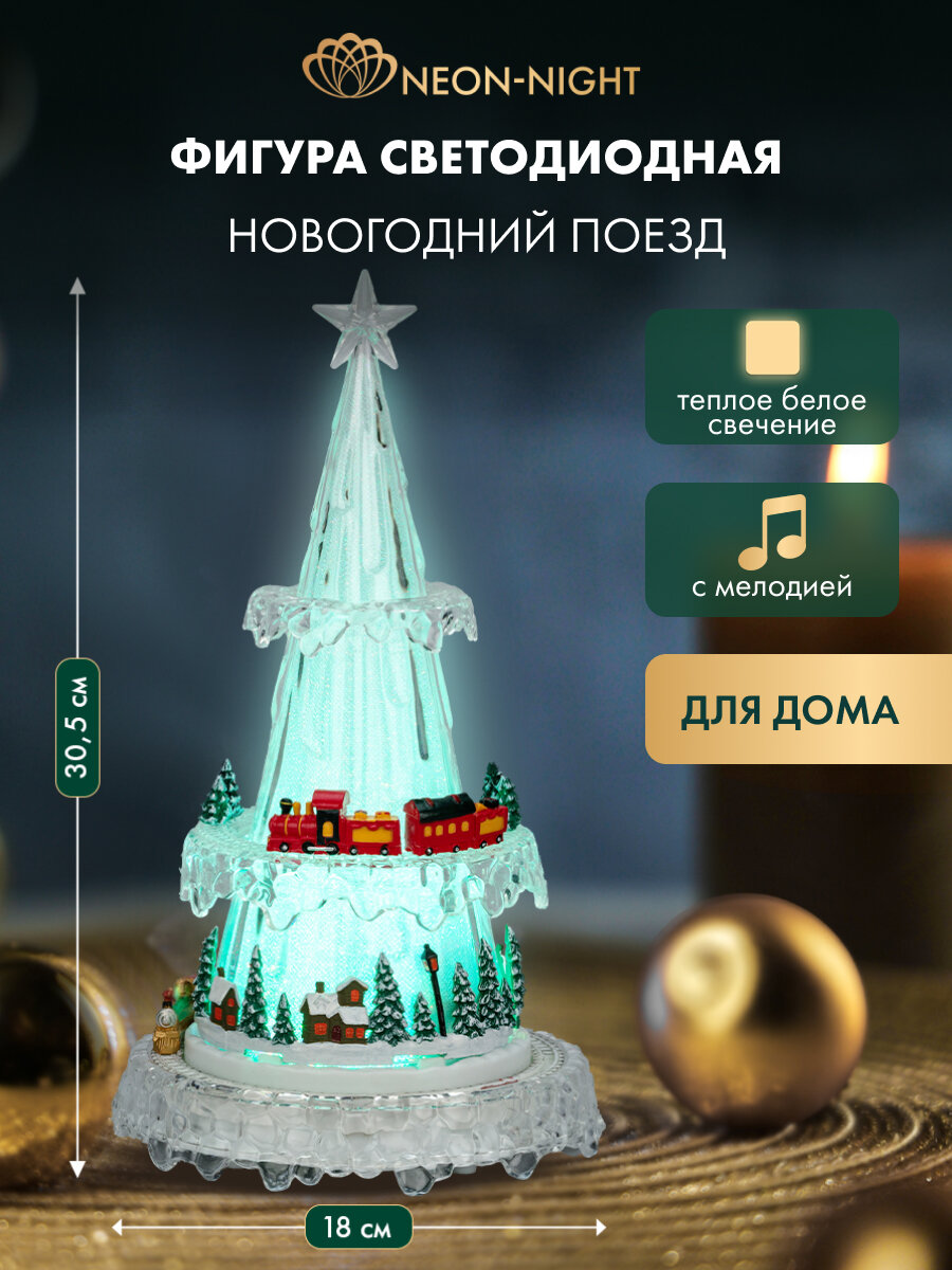 Фигура светодиодная на подставке Новогодний поезд с мелодией 30,5см, RGB NEON-NIGHT