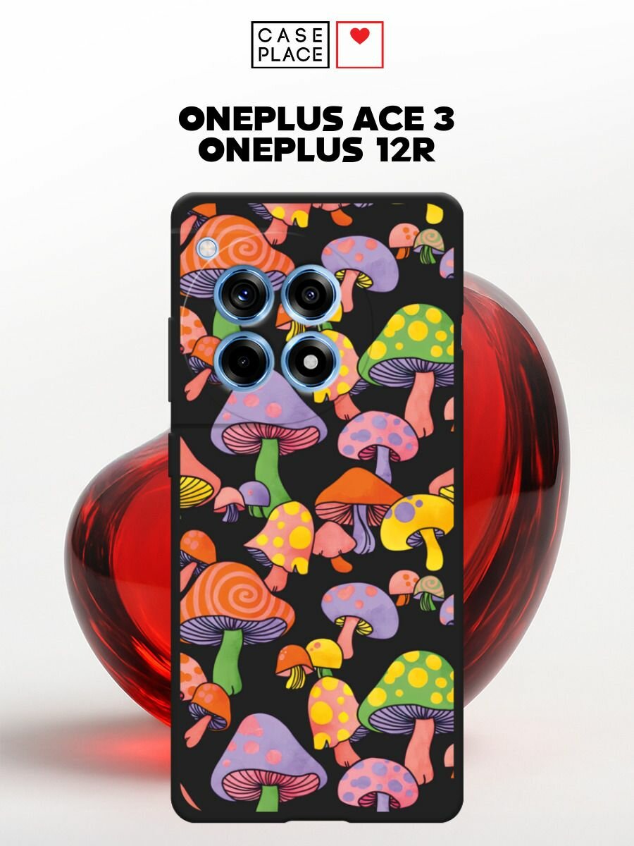 Черный матовый чехол на OnePlus Ace 3/12R / Ван Плас Асе 3/12R с принтом Цветные грибы