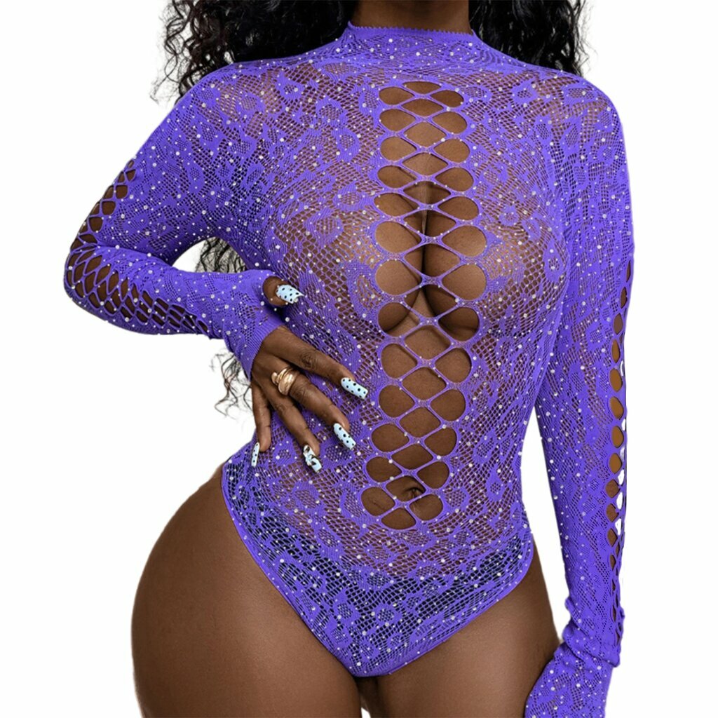 Цельные сетчатые колготки-бикини с бриллиантовыми колготками с длинными рукавами-фиолетовый