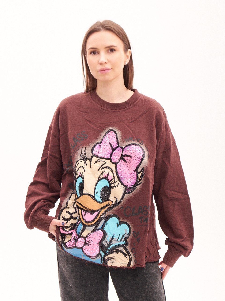 Свитшот  Свитшот из хлопка в коричневом цвете принт поночка Disney вышитая пайетками 40-48