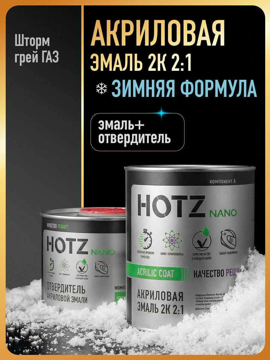 Акриловая краска автомобильная 2К 2:1, Шторм Грей ГАЗ, Комплект (эмаль: 1000 мл + отвердитель: 500 мл), HOTZ