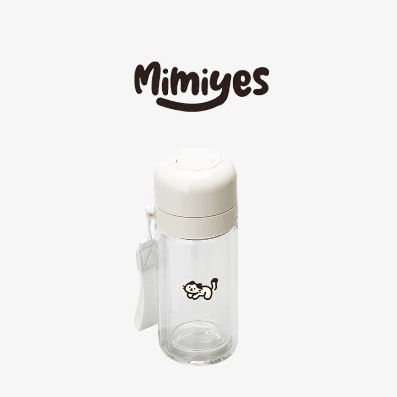 Товары Mimiyes | Двухслойная термобутылка Cream Cat из стекла с крышкой на одно касание и чайным инфузером. Белый
