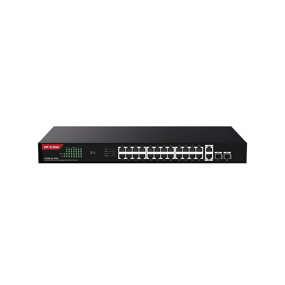 Коммутатор неуправляемый IP-COM G1128P-24-410W PoE, 28 портов, 26x1 Gbит/с, SFP 2x1 Gbит/с, PoE 24x30 Вт (до 370 Вт)