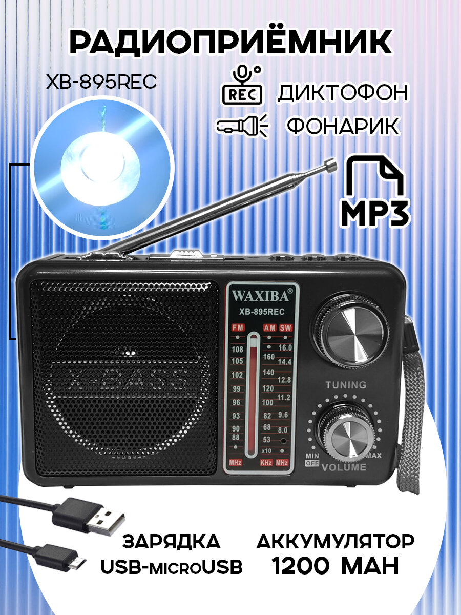Радиоприемник переносной портативный Waxiba XB-895 REC, черный