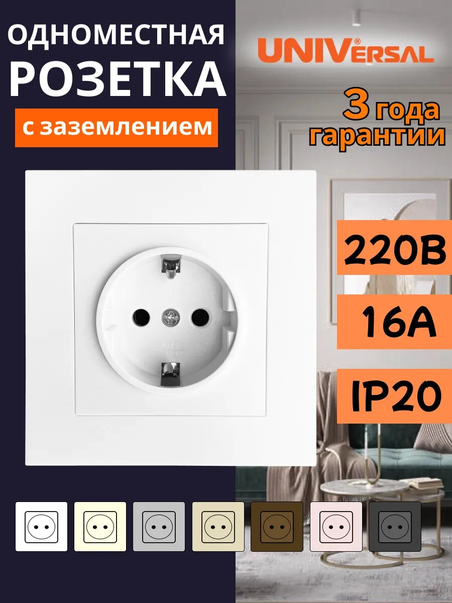 Розетка одинарная с заземлением встраиваемая
