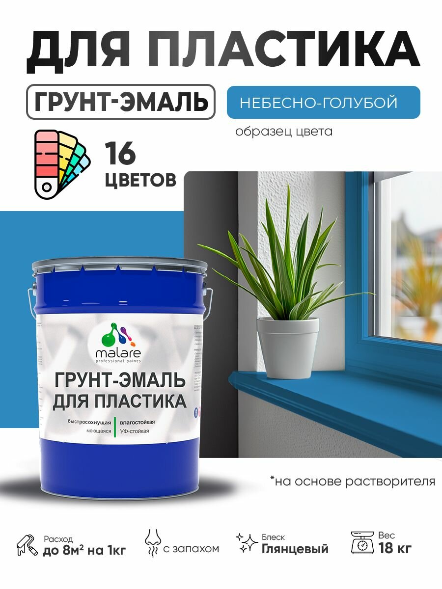 Грунт-Эмаль, Краска Malare 3 в 1 для пластика, окон и подоконников, сайдинга, быстросохнущая, глянцевый, небесно-голубой, 18 кг.