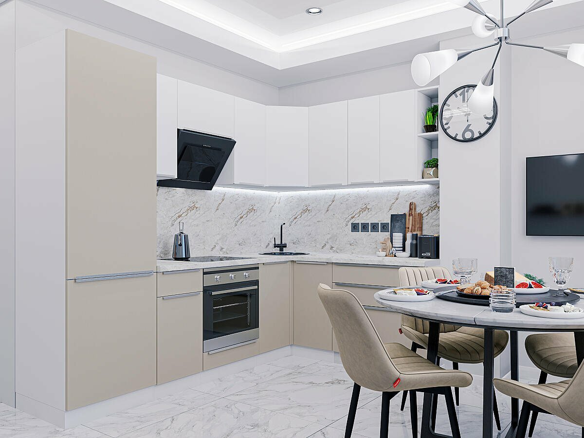 Кухня угловая Фьюжн-15, Готовый кухонный гарнитур угловой без столешницы 2140*2500-1800*600 Silky White-Clay Silk