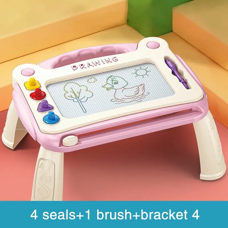Детская магнитная доска для рисования, большая розовая, с 4 штампами и 1 кисточкой, игрушка для детей 1-3 лет