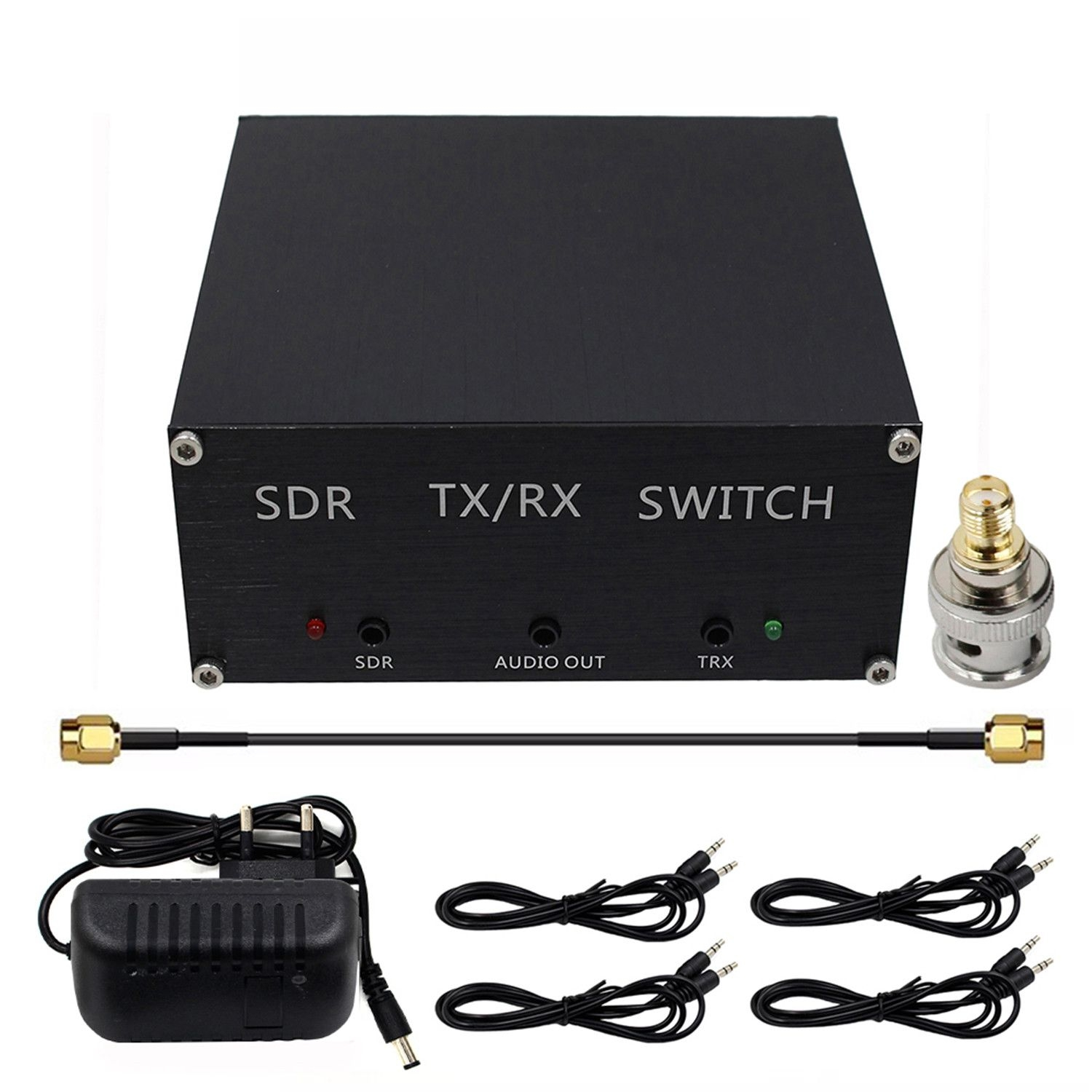 Устройство для совместного использования антенны переключения SDR трансивера TR switch Box 100W DC 160MHz из алюминиевого сплава с сопротивлением 50Ом, напряжением адаптера 100-240V 50/60Hz, источником питания 12V 2A, габаритами 125*112*51mm и весом 430г