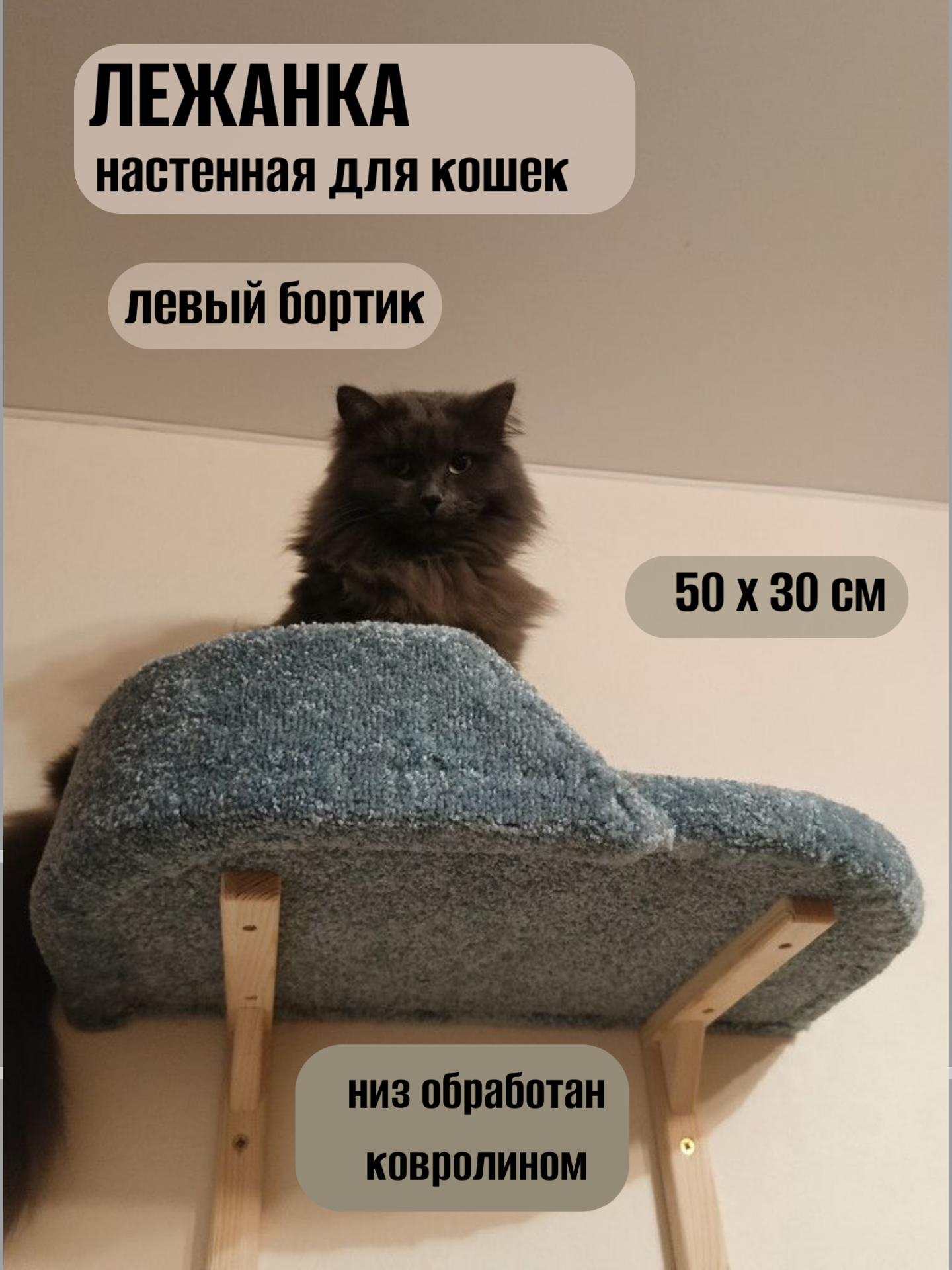 Лежанка для кошек, Моя Котя, настенная, ковролин бирюзовый, 50х30см