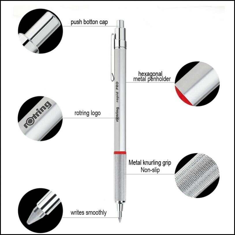 Шариковая ручка Rotring Rapid PRO с синими чернилами, металлический корпус ручки черный-