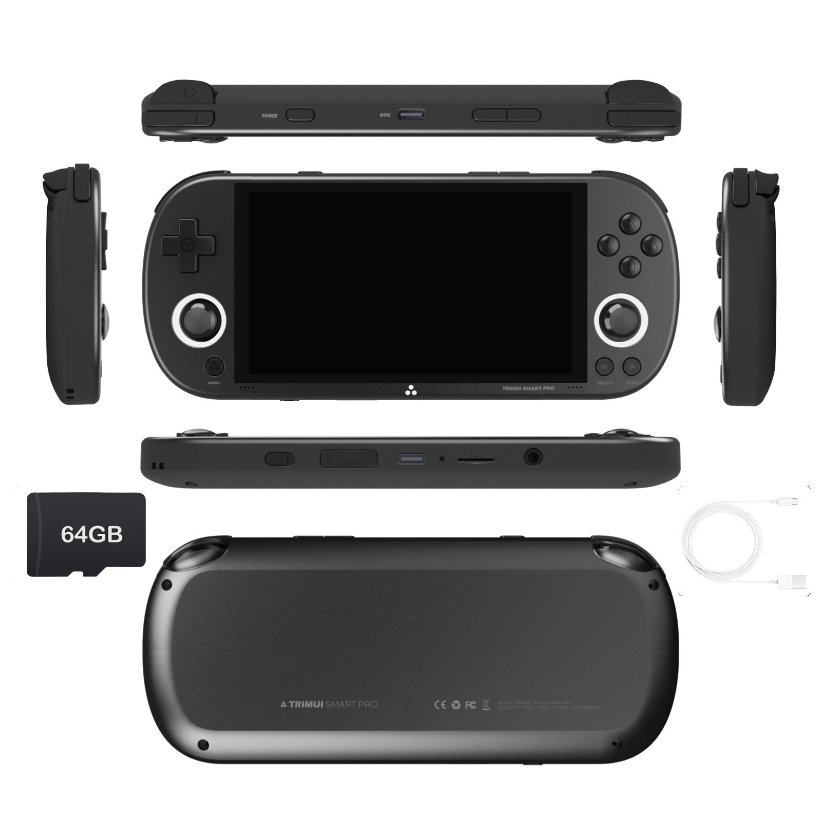 Trimui Smart Pro - портативная игровая консоль 5-дюймовая (12 см), предустановленная эмуляторная система, черный цвет, 64GB, пластик + стекло + электроника, упаковка картонная (210*102*41мм), экран 4.96-дюймовый 720×1280 IPS, процессор Allwinner A133