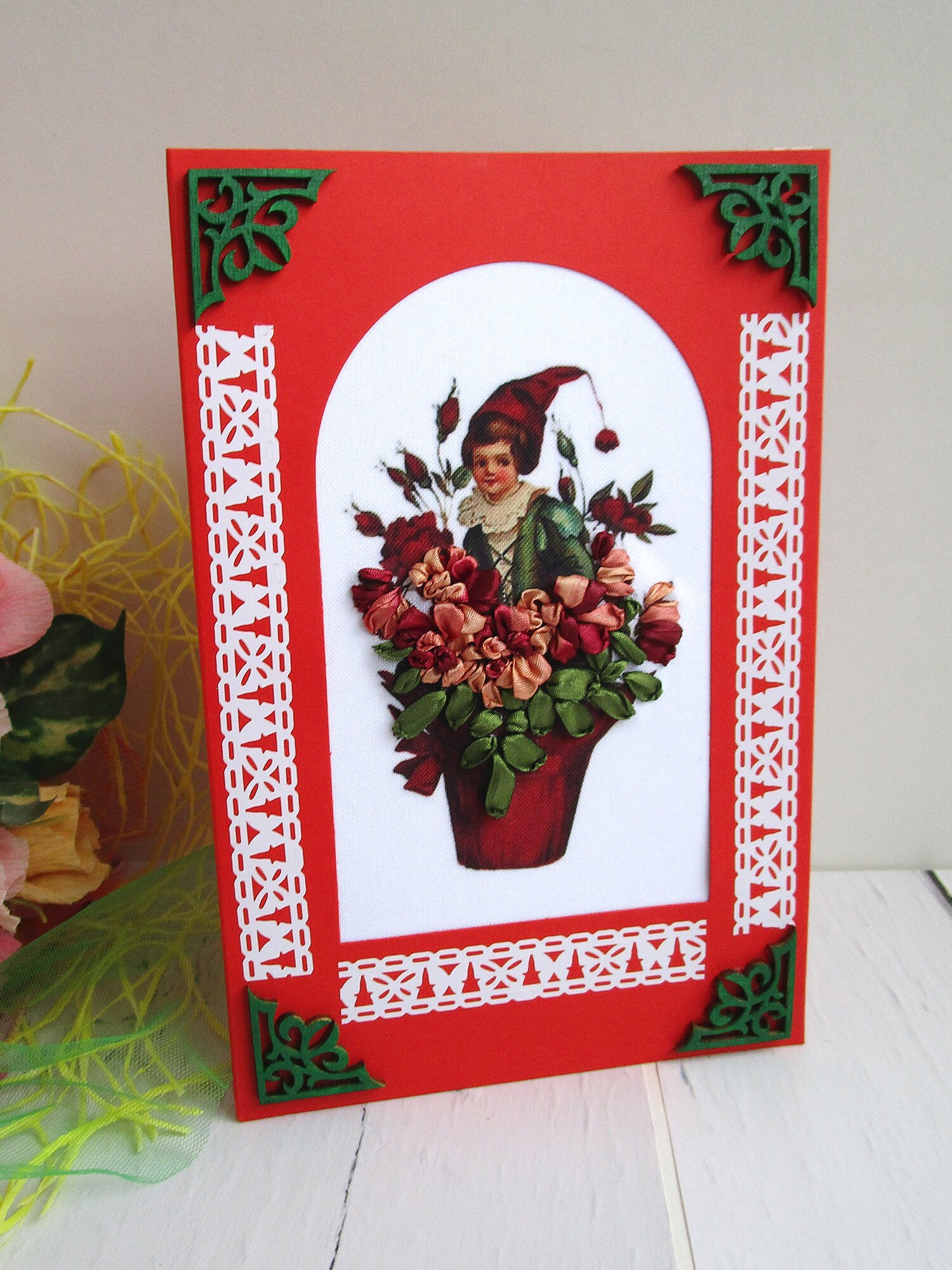 Красивая открытка ручной работы "Мальчик и цветы", двойная, 20x13,5см, подарочная упаковка