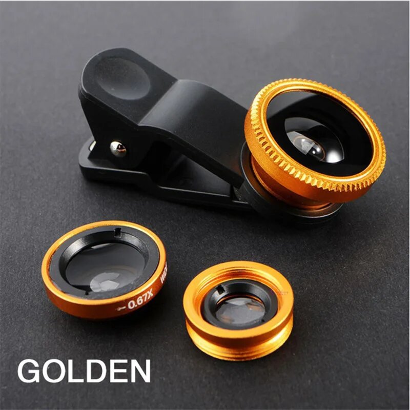 Широкоугольный объектив 3в1 «рыбий глаз» для микрокамеры iPhone Xiaomi Redmi 3IN1 Zoom Fish Eye Len на объективах для смартфона с зажимом для телефона Золотой