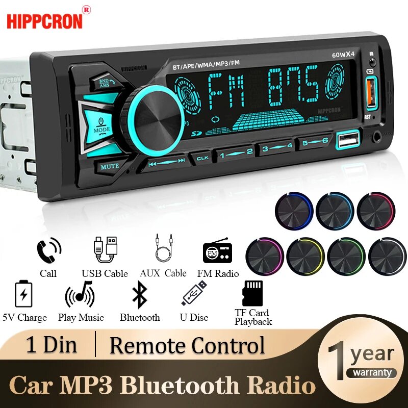 Автомагнитола Hippcron 1DIN С Bluetooth, MP3-плеером, FM-приемником, Усилением 60Wx4, Пультом ДУ, Поддержкой AUX, USB И TF-карт