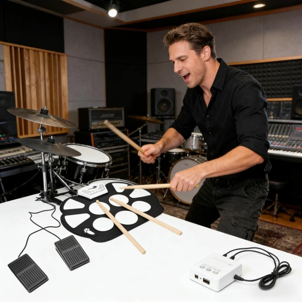 Складной электронный барабан: портативный силиконовый, ручная скрутка, джазовая установка для детей.