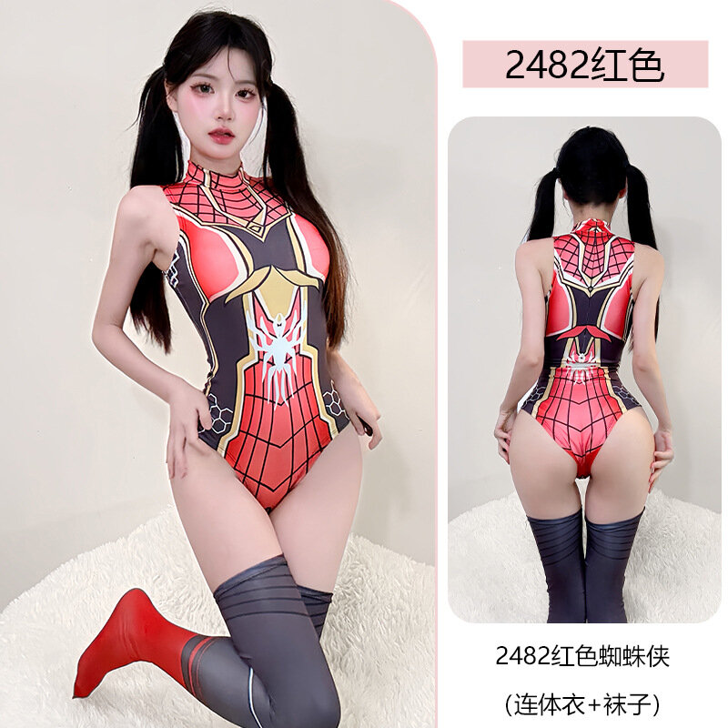 Сексуальный школьный купальник-боди Человека-паука для аниме-косплея, с открытой промежностью, не требует снятия, форма 2482. Красный (боди + носки)