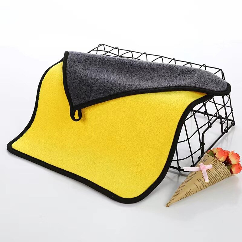 Коралловая флисовая тряпка для мытья авто двусторонняя толстая серо-желтая 30x40 см микрофибра для автотюнинга и уборки