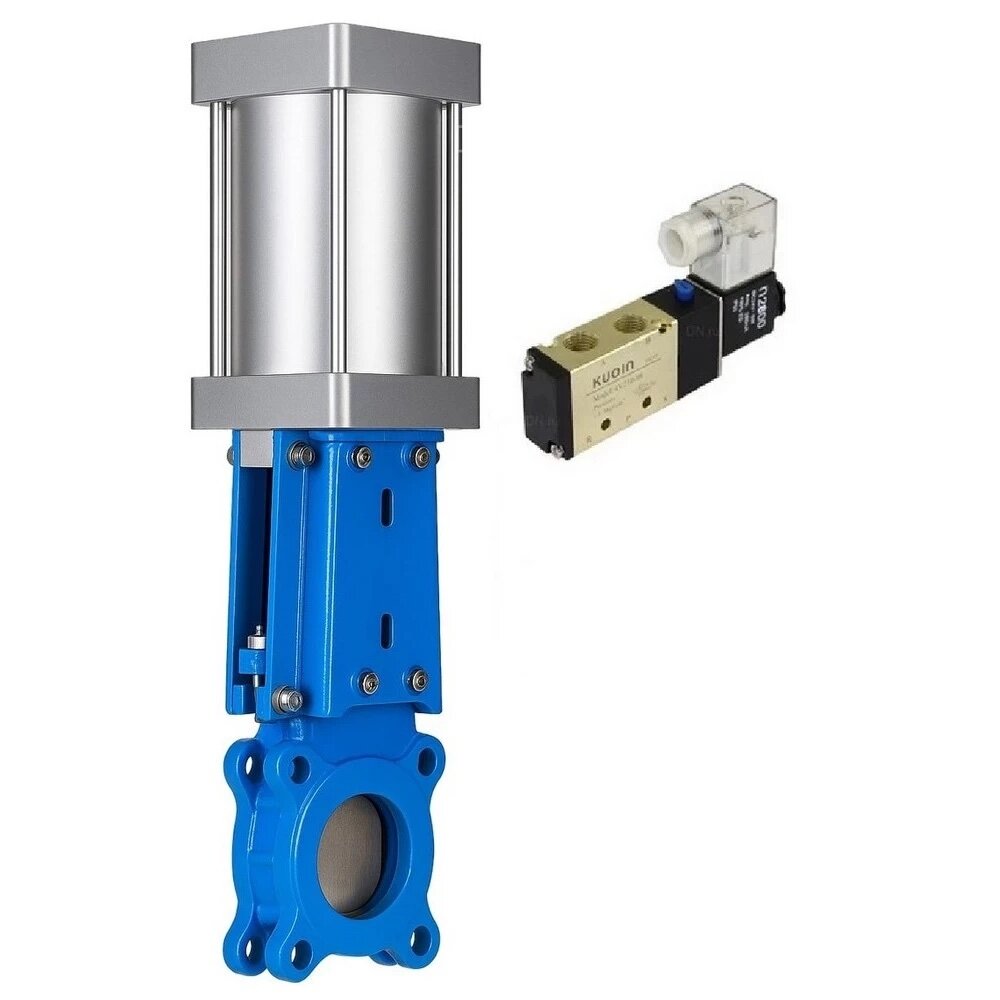 Задвижка шиберная DN.ru 304-304-M-1W-Fb-2P Ду150 Ру10 односторонняя, межфланцевая, шпиндель - выдвижной, корпус - нерж. сталь 304, шибер - нерж. сталь 304, металл, WENZ, с пневмоприводом и пн. распределителем PND3-S1EM-52-1NC-J08-220VAC KUOIN (опрессовано)